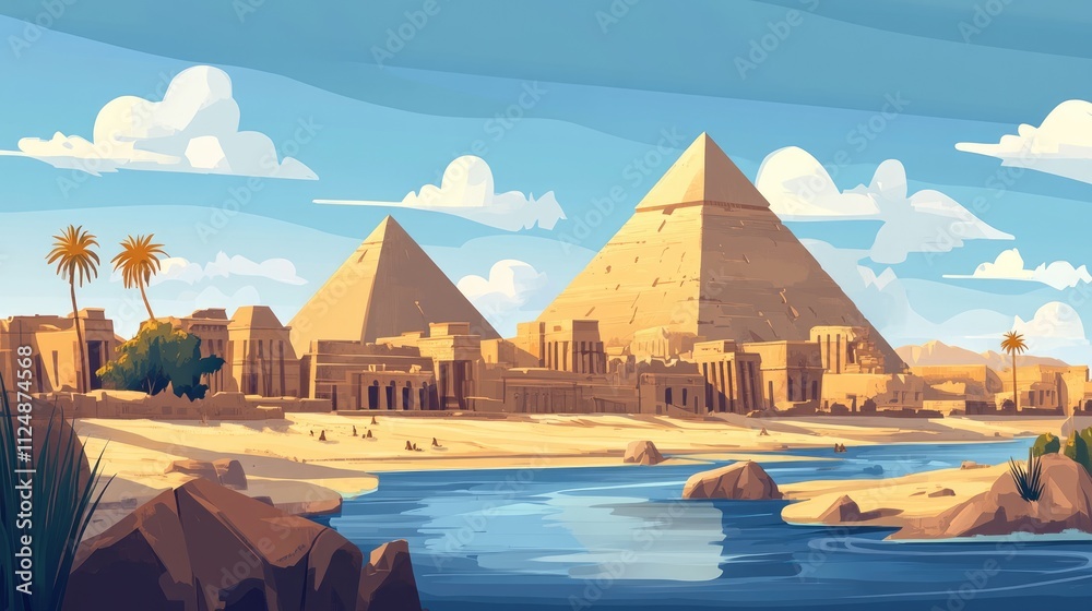 ancient civilized Egypt with the pyramid of Giza and nile flowing Nile ...