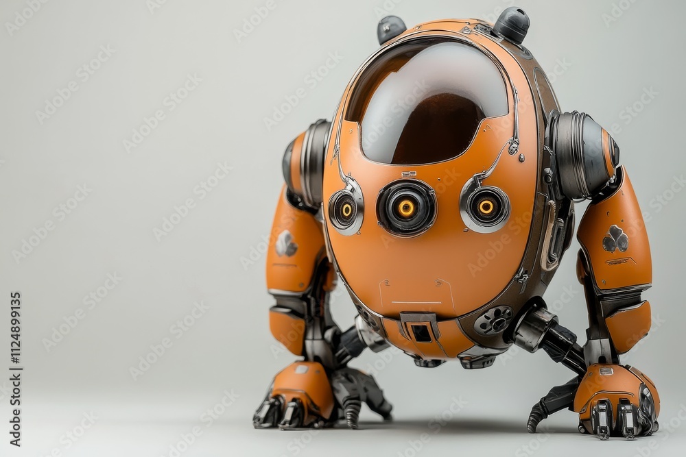 Robot with orange casing and round body exploring a minimalist setting ...