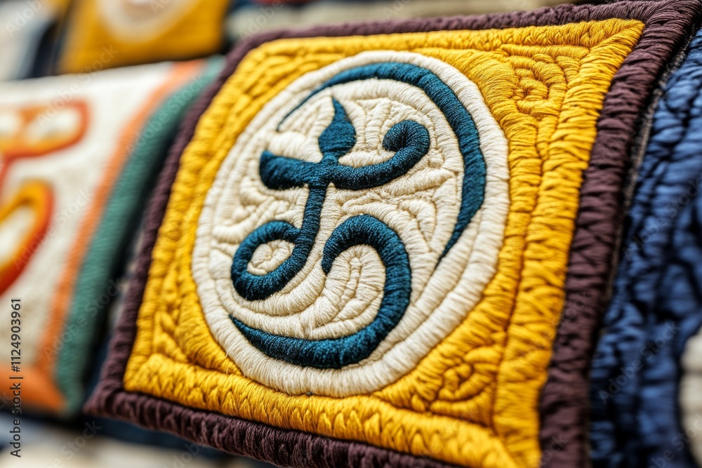 A vibrant image of an Aum symbol woven into a traditional Indian fabric ...