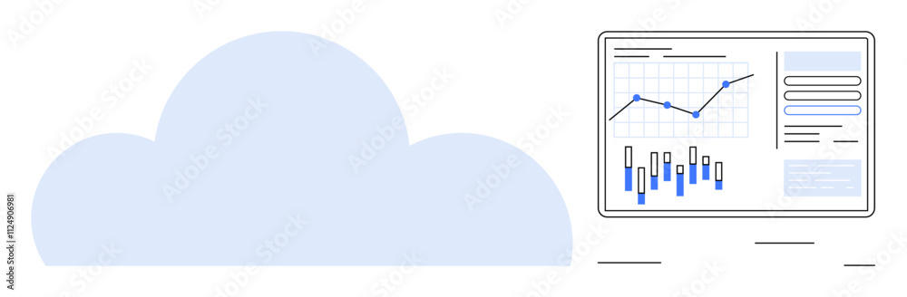 Large cloud icon beside a computer monitor displaying various charts ...