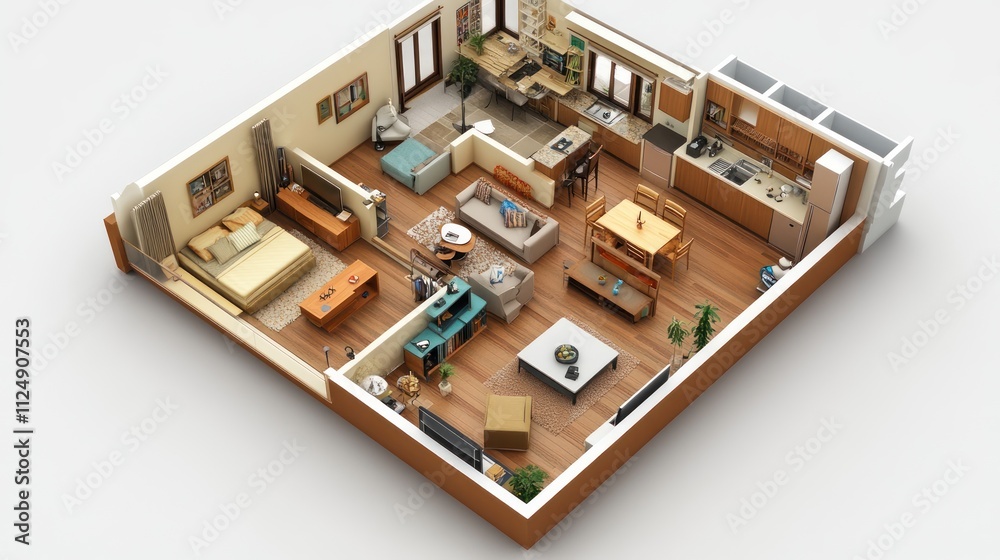 Compact open-concept floor plan, making creative use of small spaces ...
