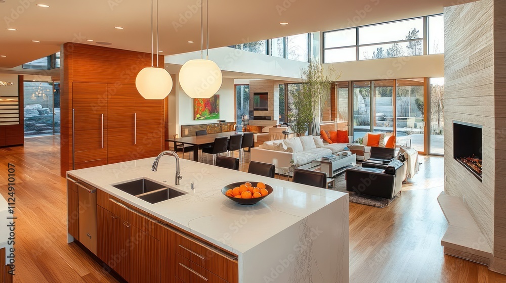 floor plan with an integrated kitchen island and living room for modern ...