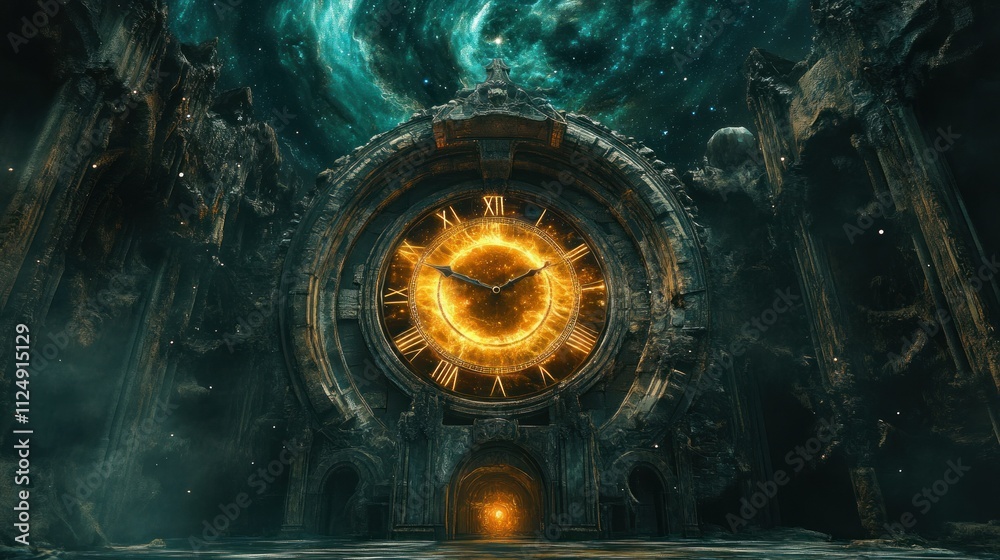 An ancient clock with Roman numerals, the center of which glows with an ...