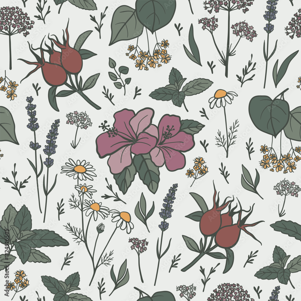 Hand drawn tea herbs seamless pattern. Floral design with hibiscus ...