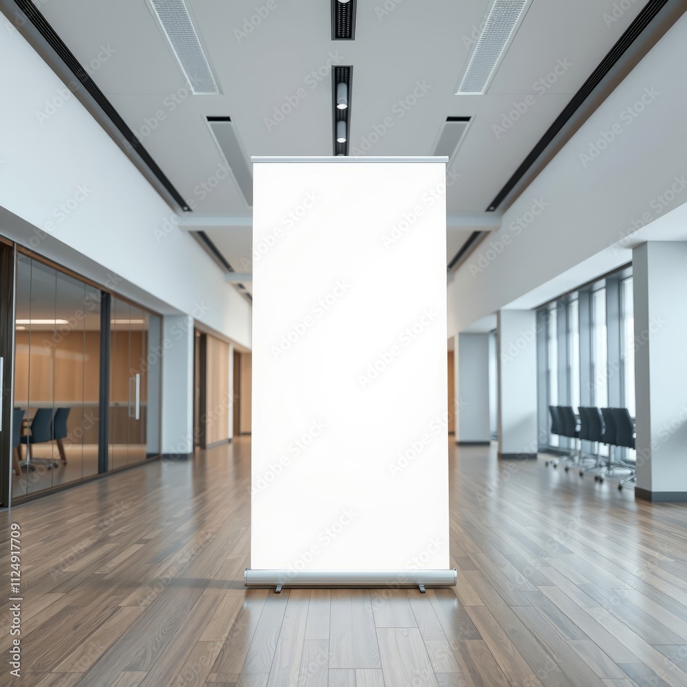 Mockup of two roll-up empty white standee banner in office hall copy ...