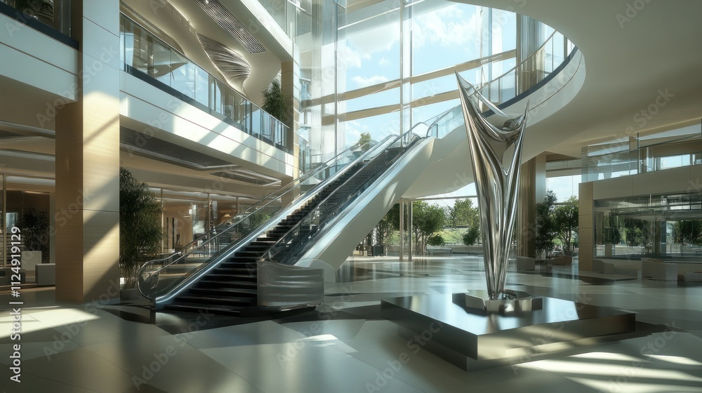 Stylish and modern mall with a grand staircase The design incorporates ...