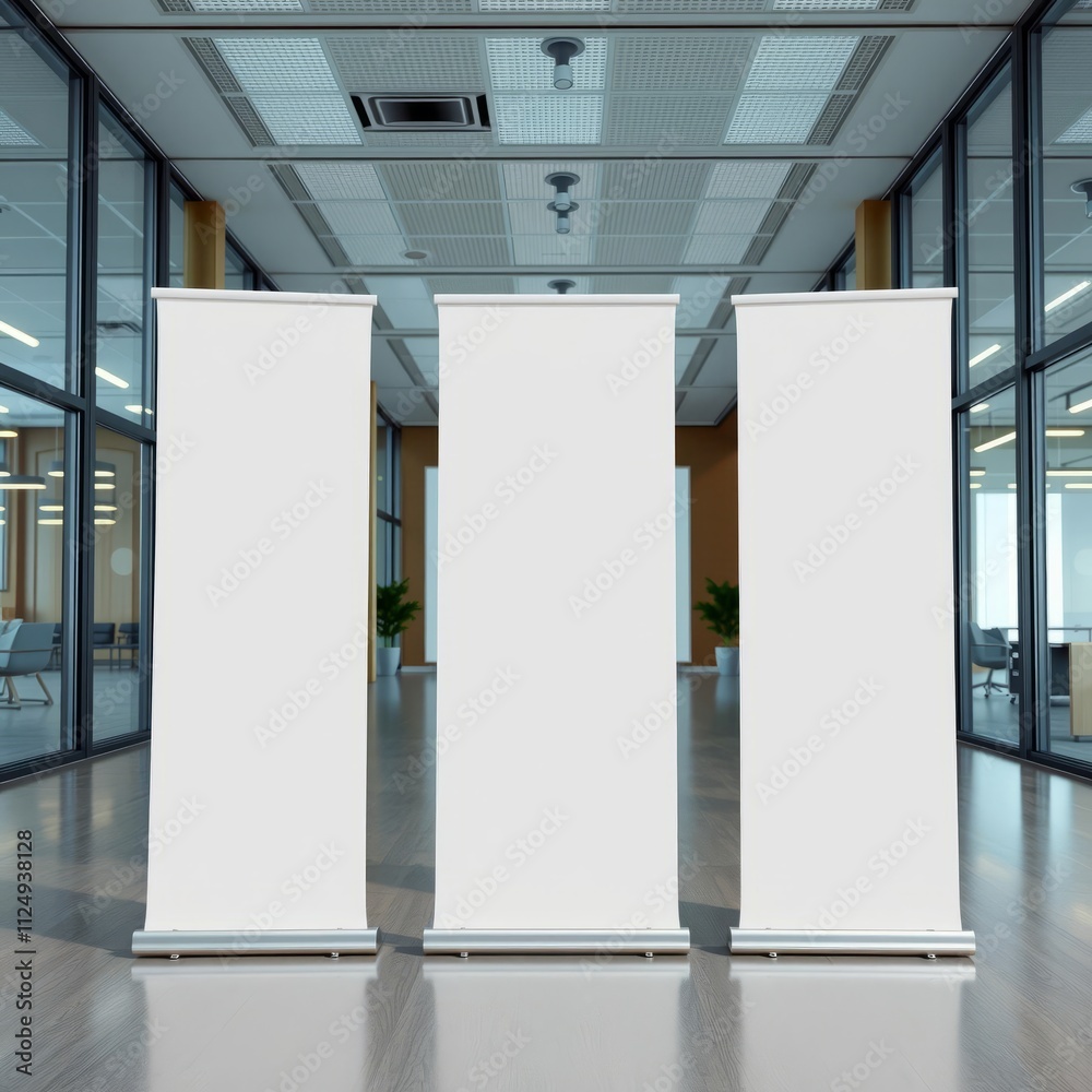 Mockup of two roll-up empty white standee banner in modern office hall ...