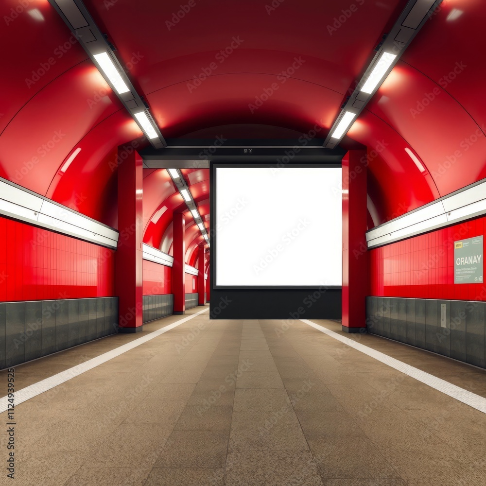 Underground subway tunnel with vibrant red walls and large ...