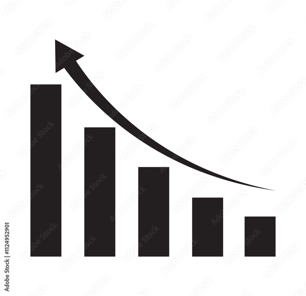 Single black arrow growing pointing up on chart graph bars icon, success graph trending upwards ...