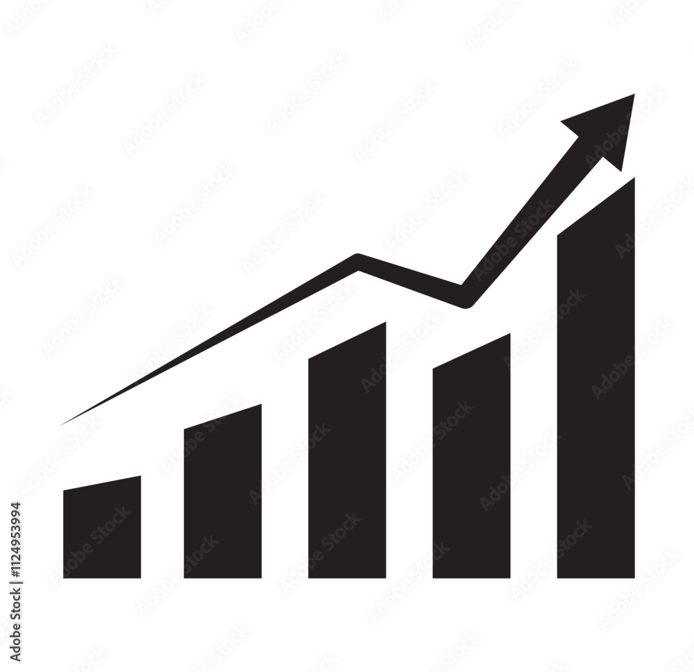 Single black arrow growing pointing up on chart graph bars icon, success graph trending upwards ...