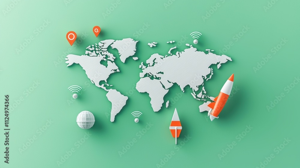 World map with icons for different types of network connections, such ...