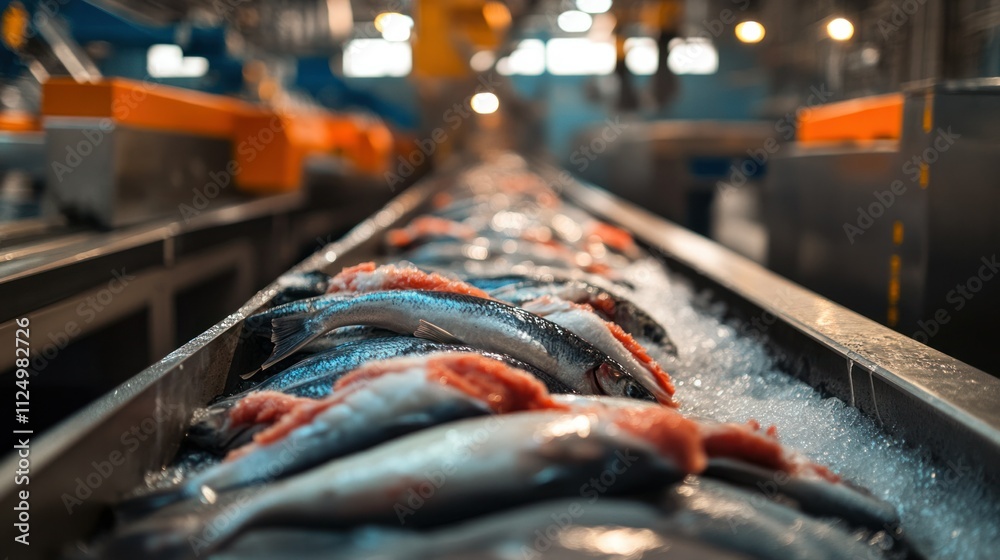 Fish processing line aboard a large factory ship, gutted fish moving ...