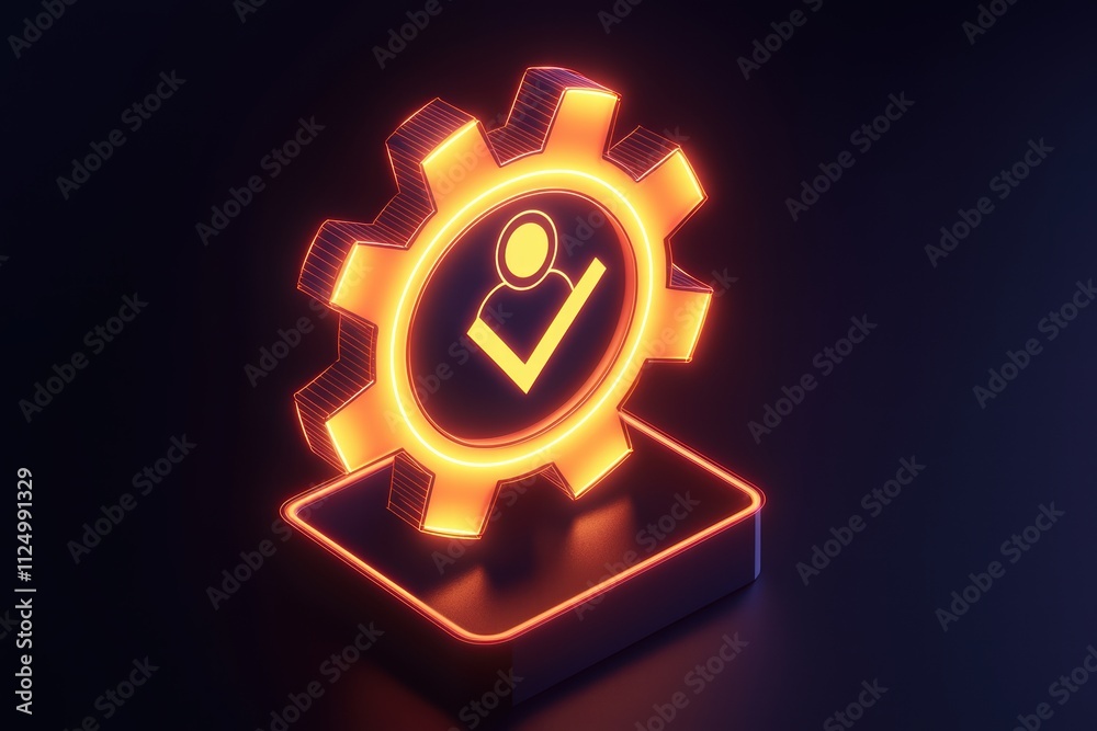 Futuristic neon icon depicting a user validation concept in a gear ...