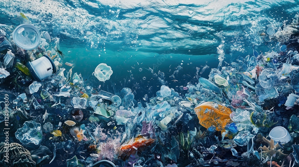 Underwater Seabed Covered In Microplastics Microscopic Detail