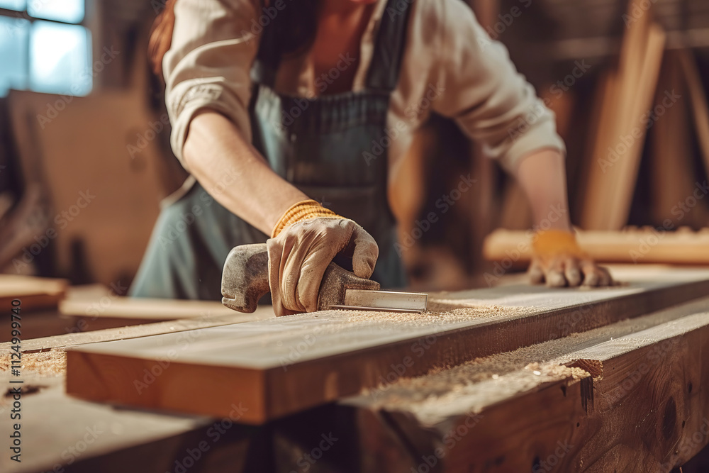 Carpenter smoothing wood plank with sandpaper and marking it with gauge ...