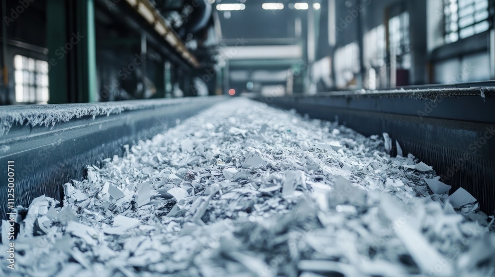 Paper recycling line, shredded paper sorted, pulped and formed into new sheets, conveyor belts ...
