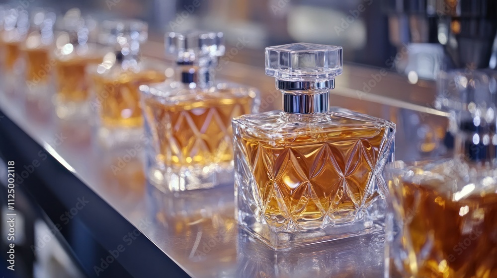 Perfume bottling line, glass flacons filled with fragrant liquid ...