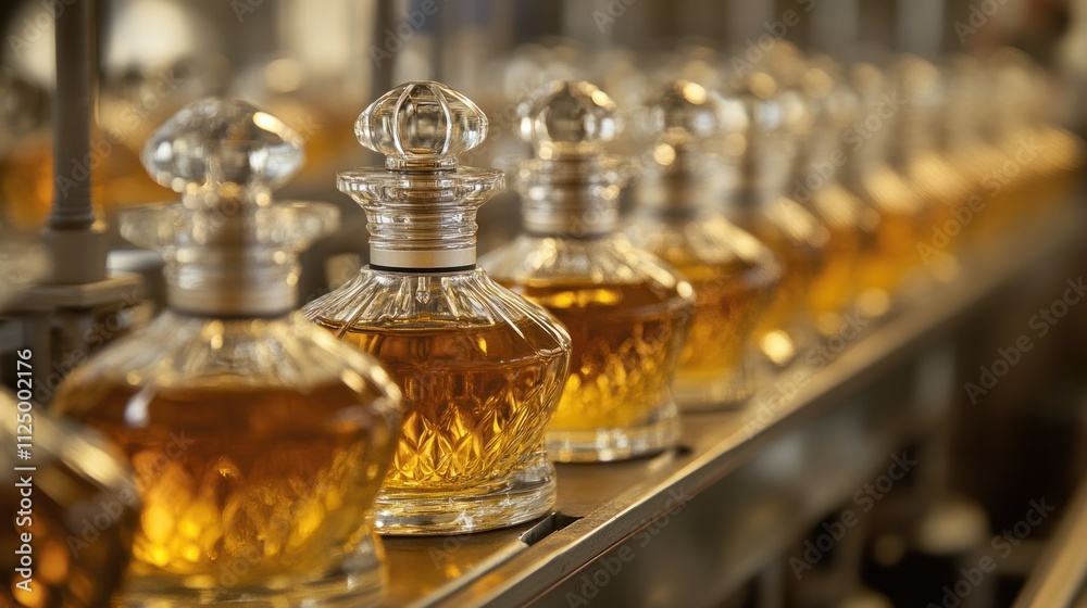 Perfume bottling line, glass flacons filled with fragrant liquid ...