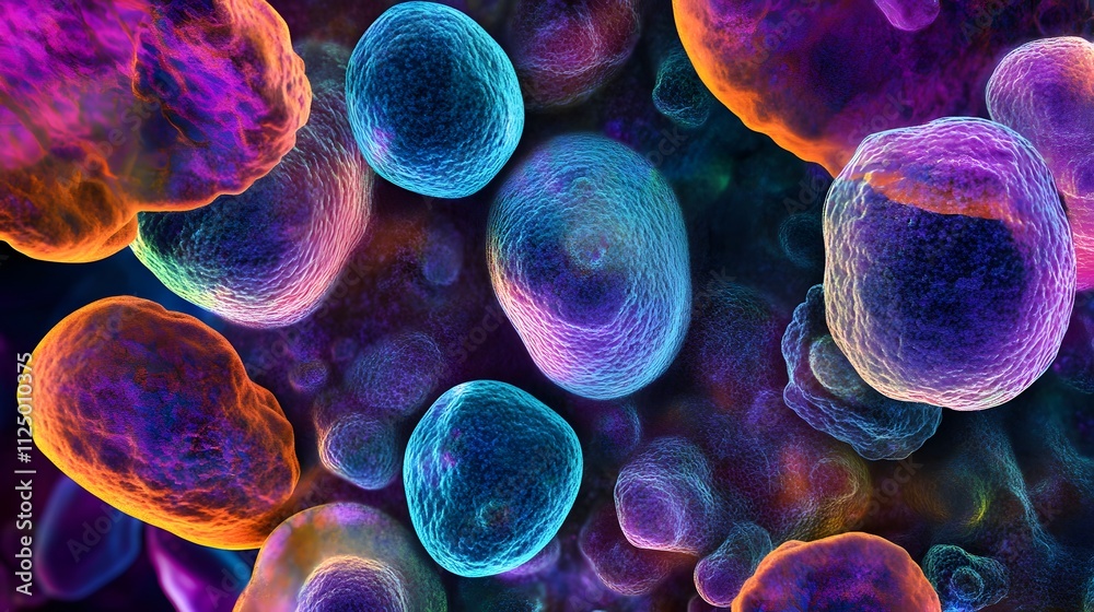 Blood cells glow like neon glass, their intricate surfaces shimmering ...