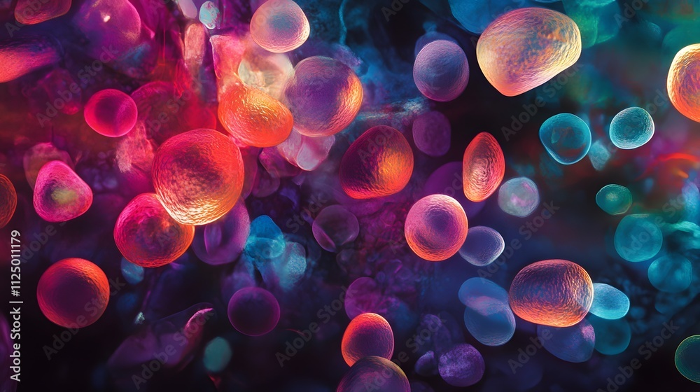 Blood cells glowing with vibrant colors, each one appearing to twist ...