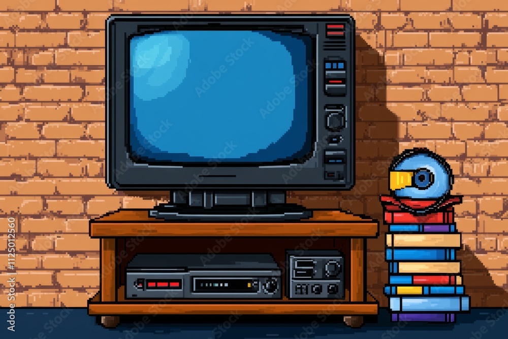 A pixel art depiction of a DVD player on a retro-style TV stand, with ...