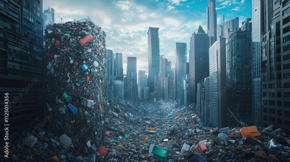 Dystopian cityscape where plastic waste towers over skyscrapers ...