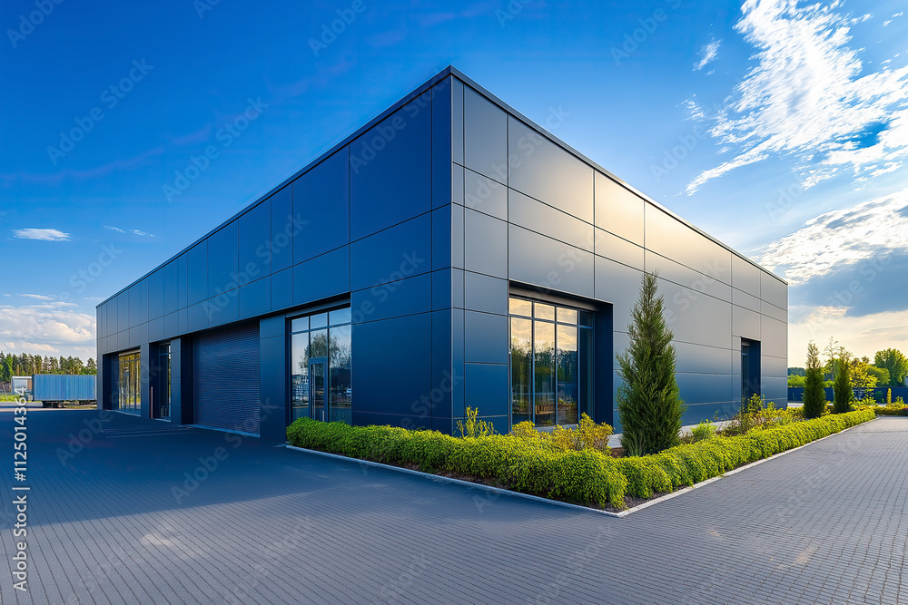 Modern blue commercial building with landscaped surroundings and a ...
