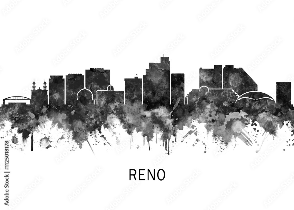 Reno Nevada Skyline BW, abstract painting travel illustration urban art ...