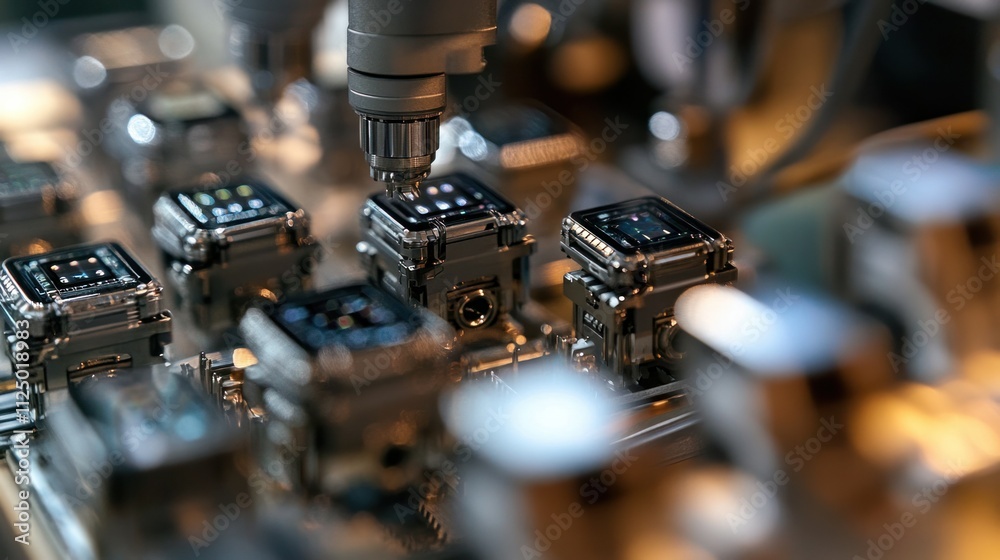 Smartwatch assembly line, tiny screws fastened by robotic drivers, LCD ...