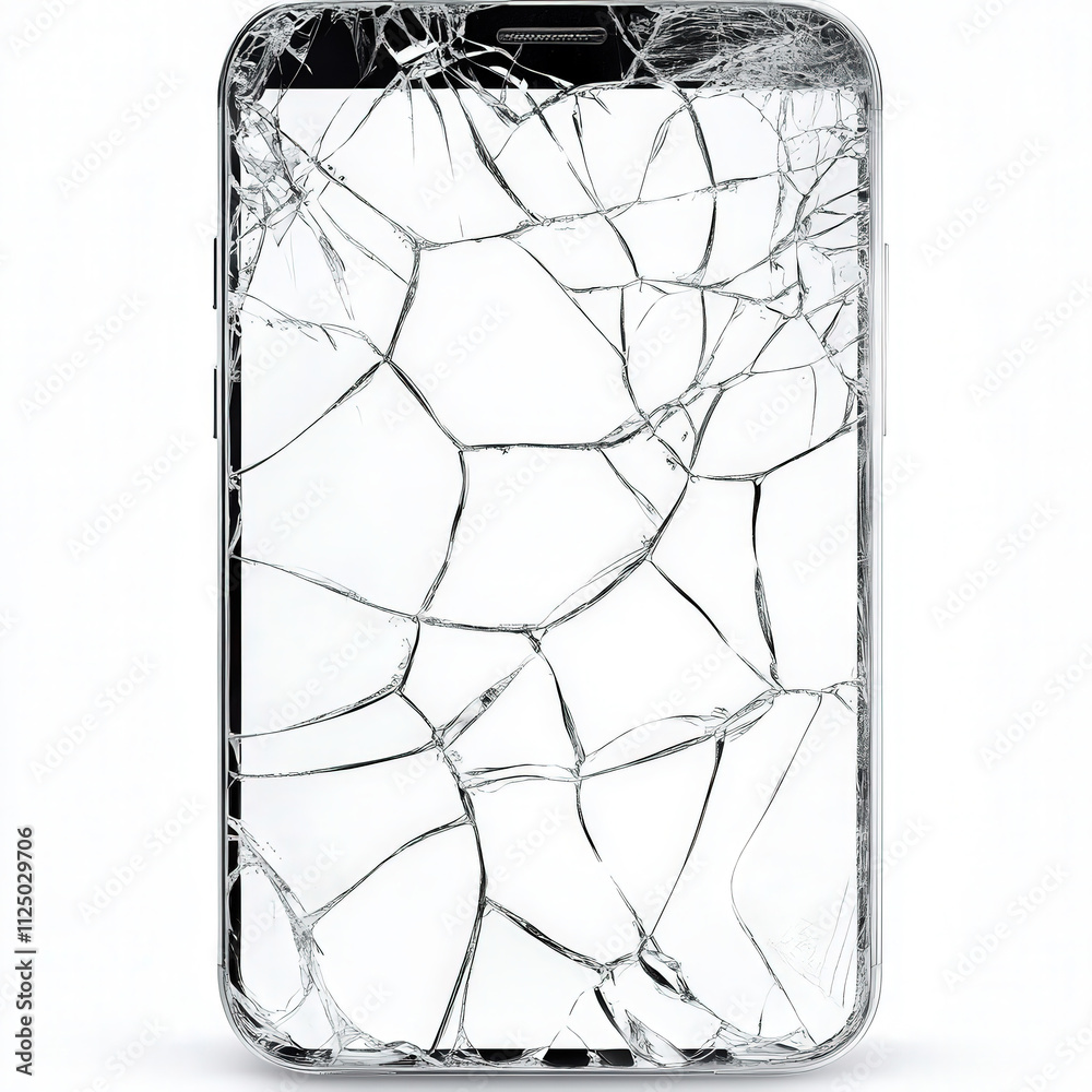 Broken smartphone screen with visible cracks, isolated on white ...
