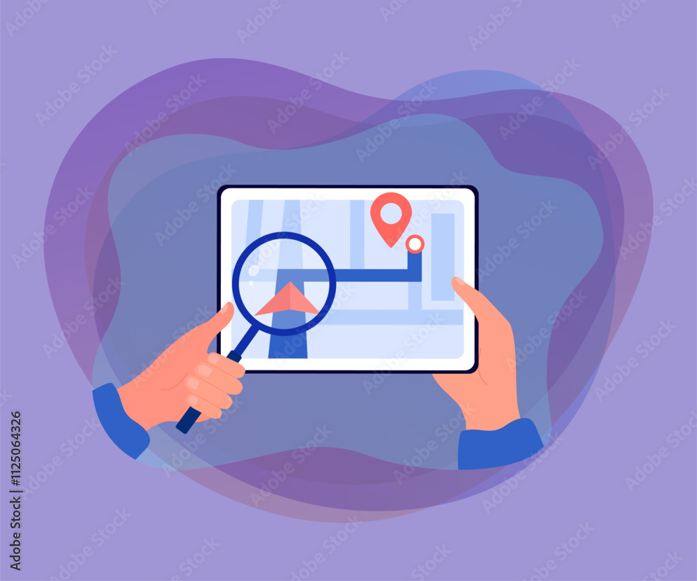 Hand holding magnifier in front of tablet with city map. Person finding ...