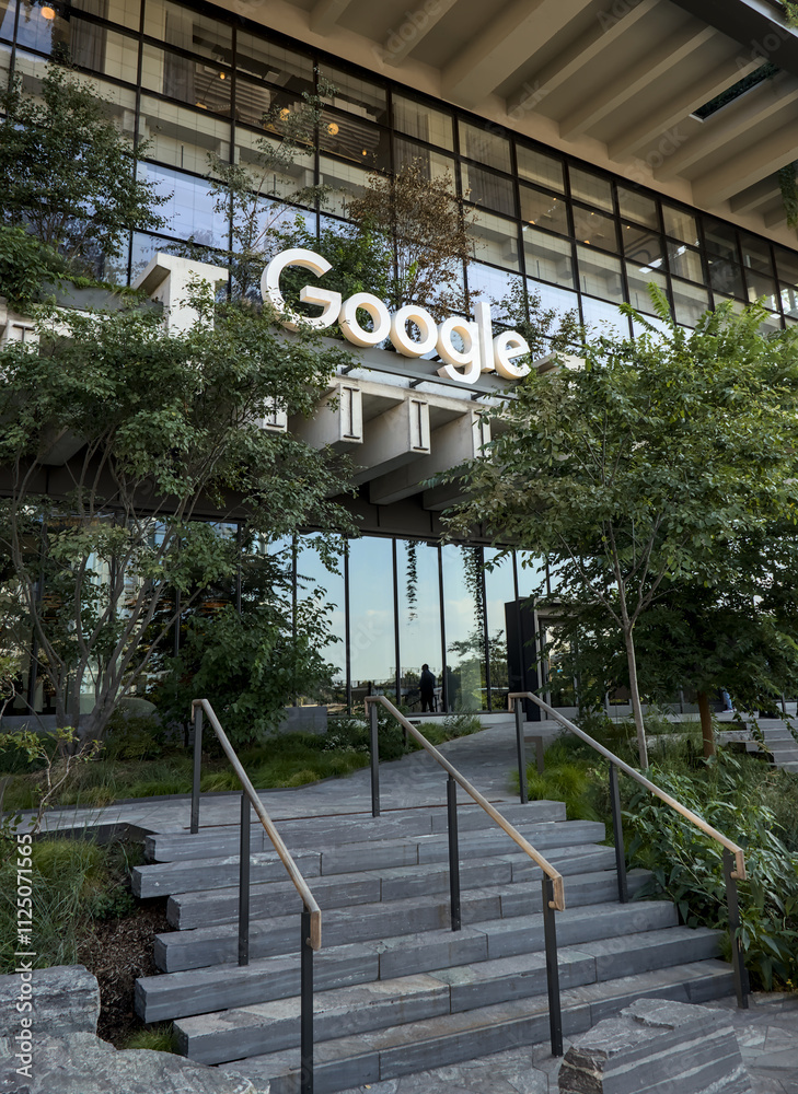 Google logo above the entrance to new corporate office of huge search ...