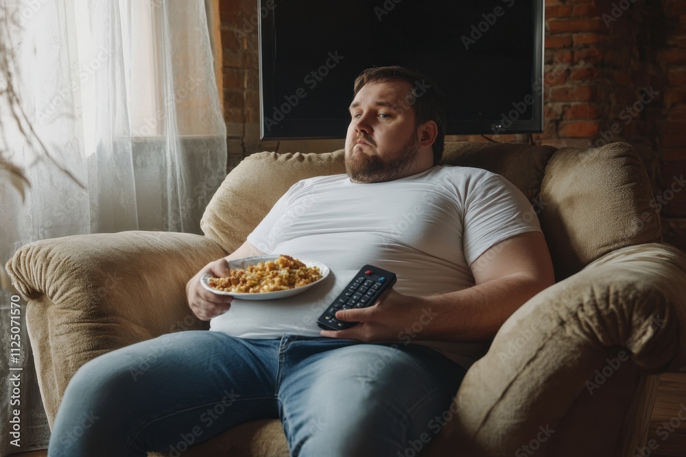 An Overweight Man Sits On A Sofa At Home, With A Plate Of Junk Food And ...