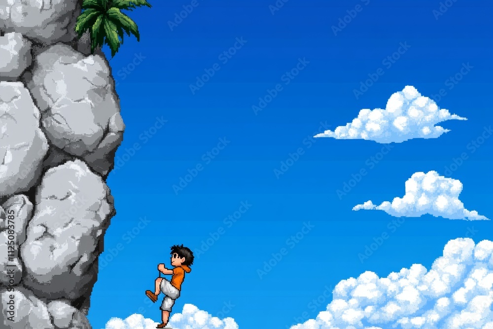 A pixel art depiction of a character climbing a mountain in a retro ...