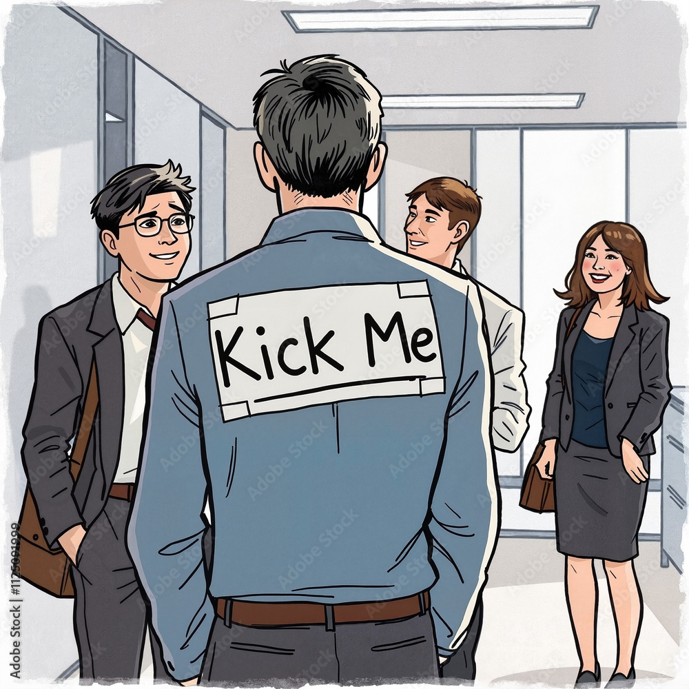 Young man with a "Kick Me" sign on his back while colleagues laugh in ...