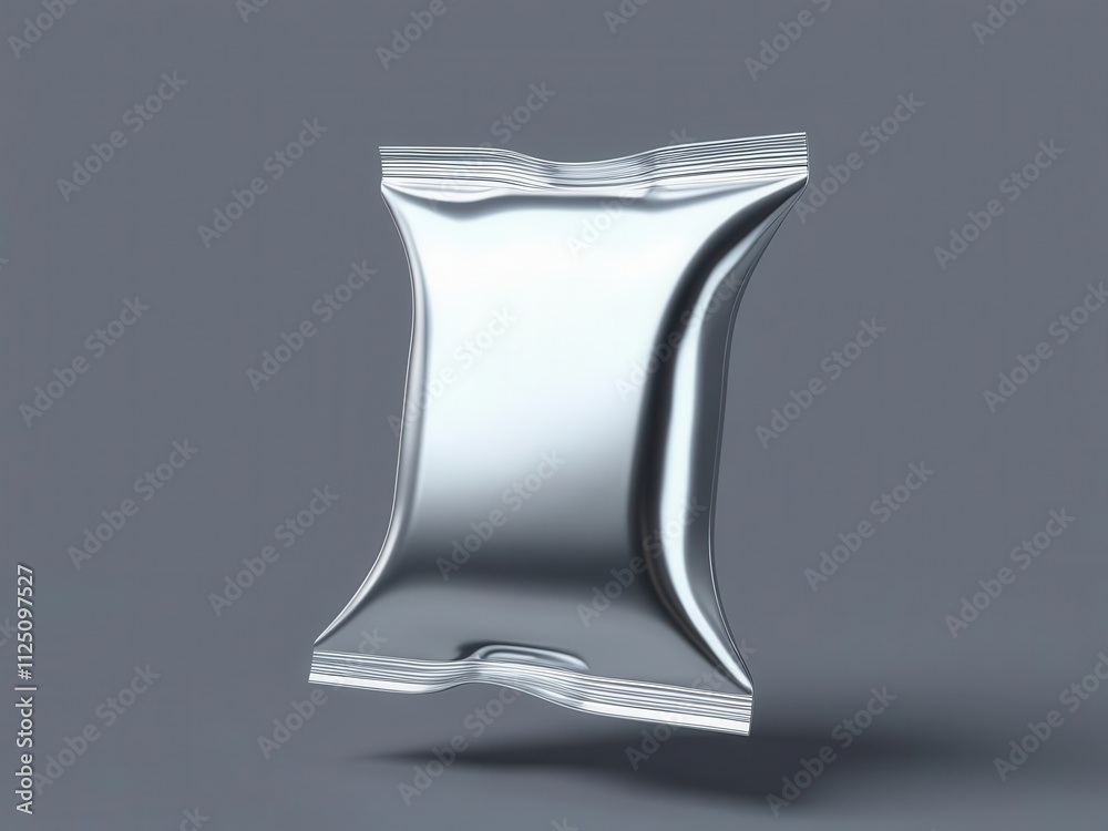 A sleek, silver snack packaging featuring a modern design and ...