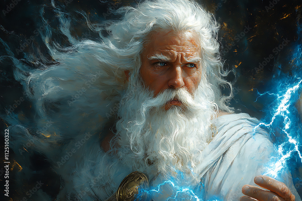 Zeus, the main Greek god, depicted with flowing white hair, holding ...