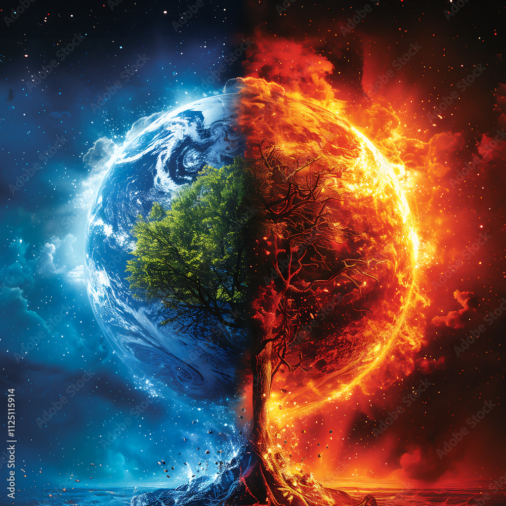 Planet Earth Divided: Vibrant Green Life vs. Desolate Decay – Dramatic ...