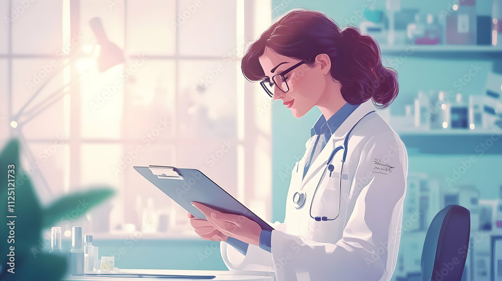 Female doctor, digital art, vibrant colors, side profile, reading ...