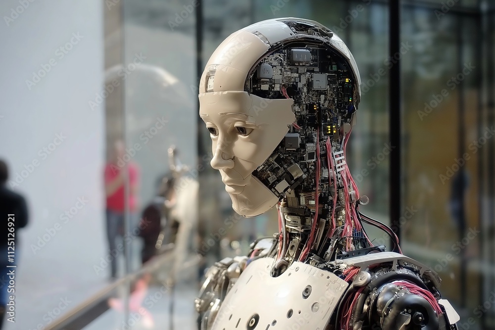 An elegantly designed humanoid robot features visible circuitry and is ...