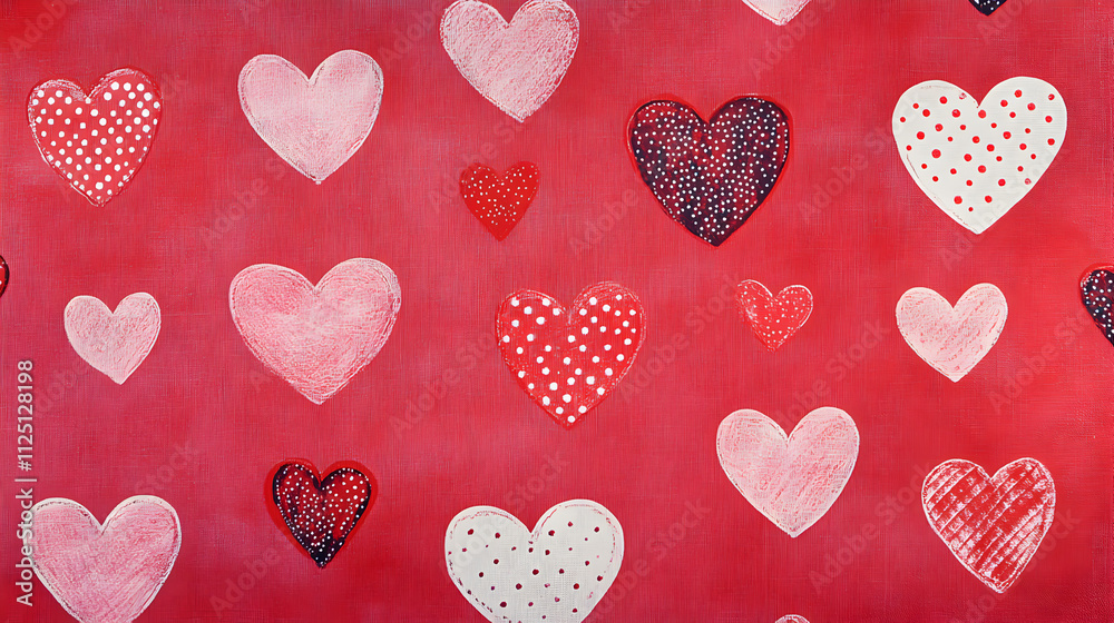 un fondo rojo con un patron de dibujos de corazones decorados de ...