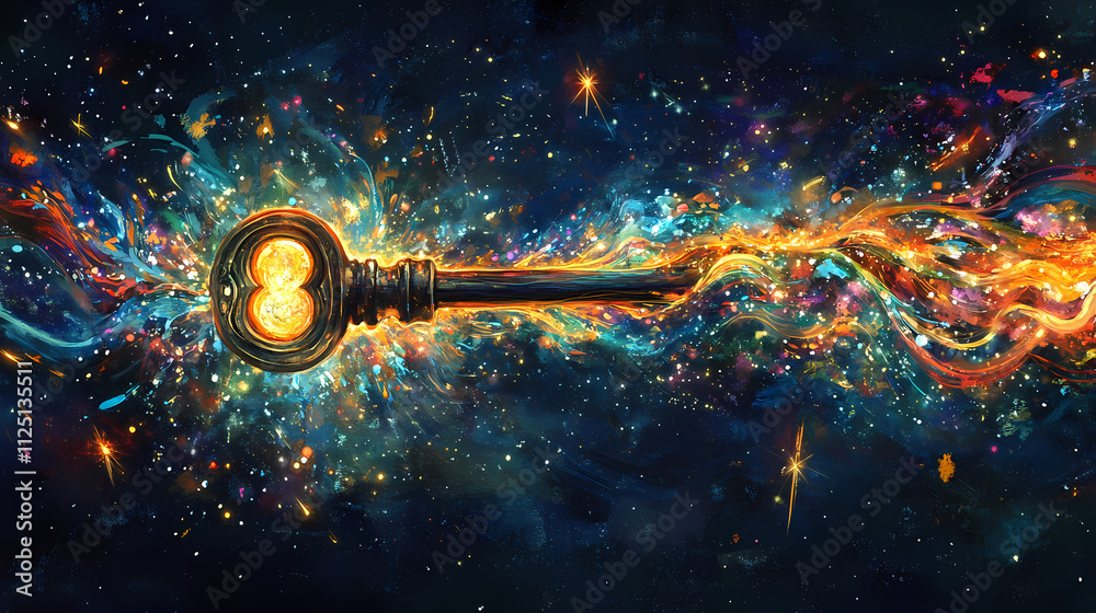 Infinite intelligence, a key unlocking a brain, with streams of ...