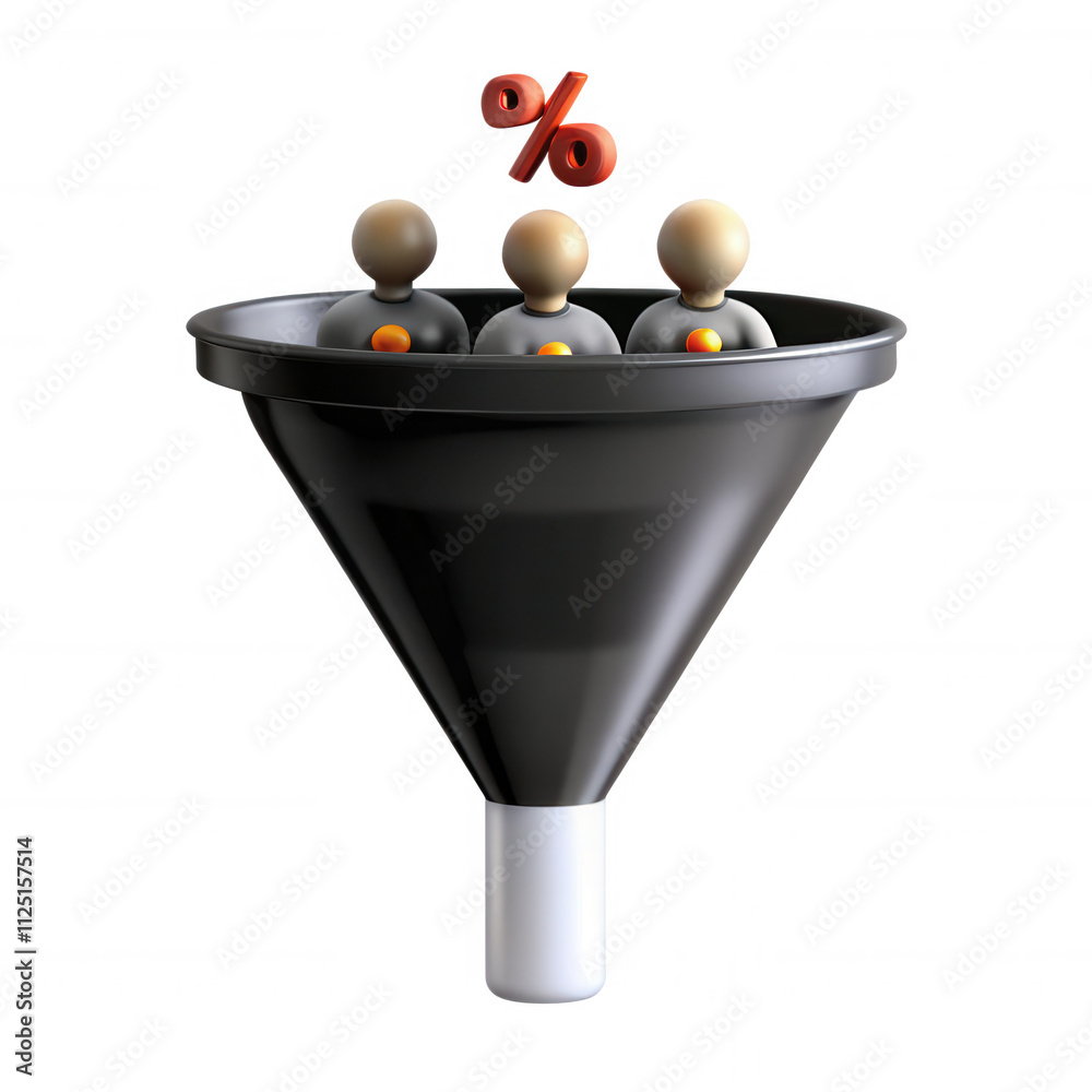 This 3D render shows a funnel with three diverse figures representing ...
