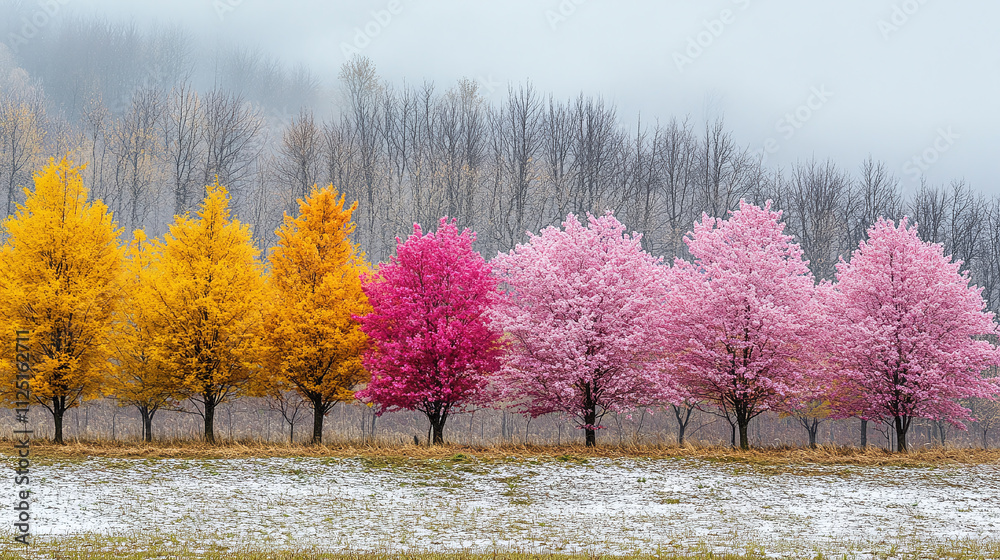 Tree transitions through seasons of weather, spring flowers bloom after ...