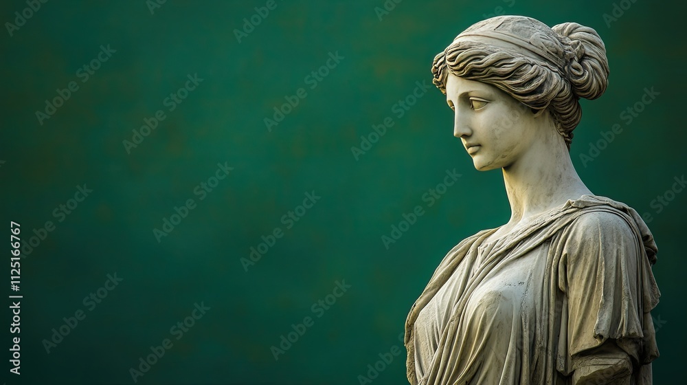 Surprised Greek statue set against a deep green backdrop, contrasting ...