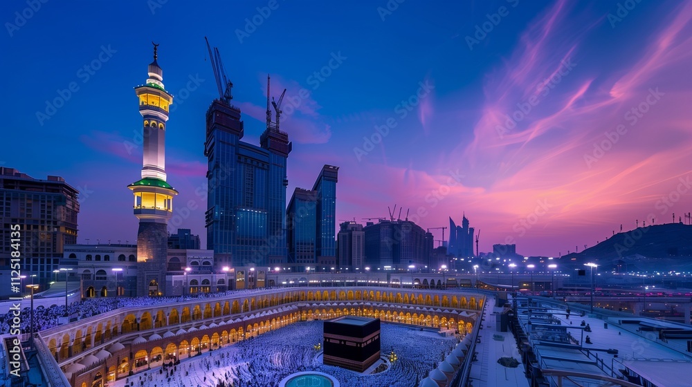 A vibrant view of the Kaaba in Mecca at dusk, with the sky ...