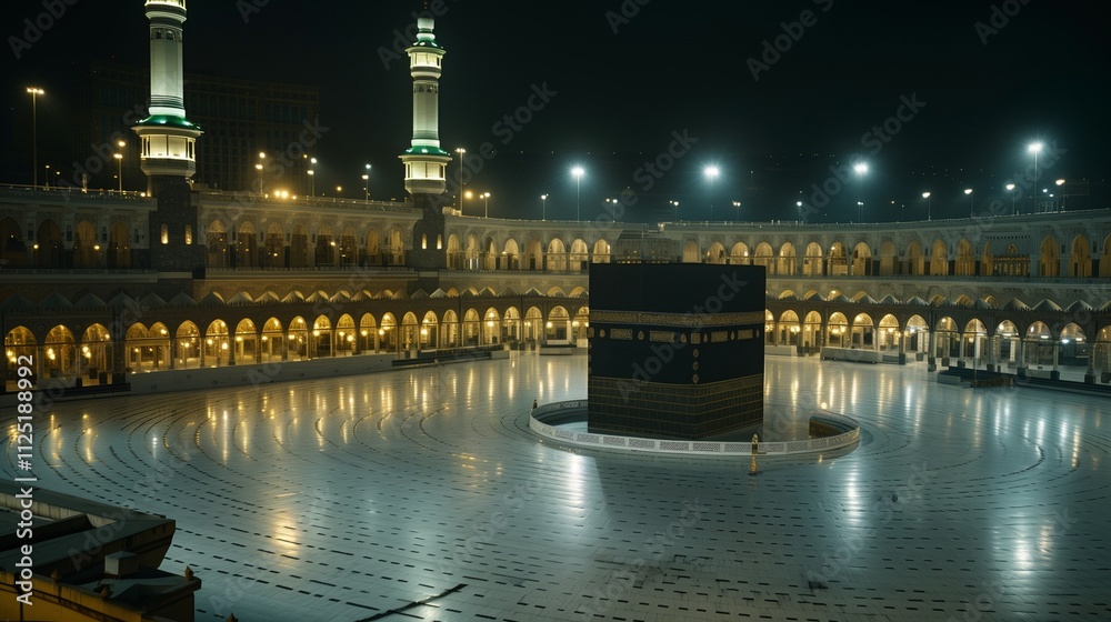 A serene nighttime view of the Kaaba in Mecca, with the structure ...