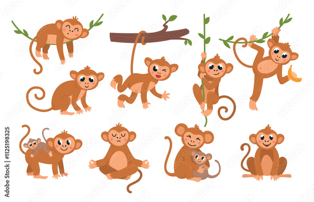 Cute monkey characters. Cartoon jungle monkeys on liana, hold banana ...