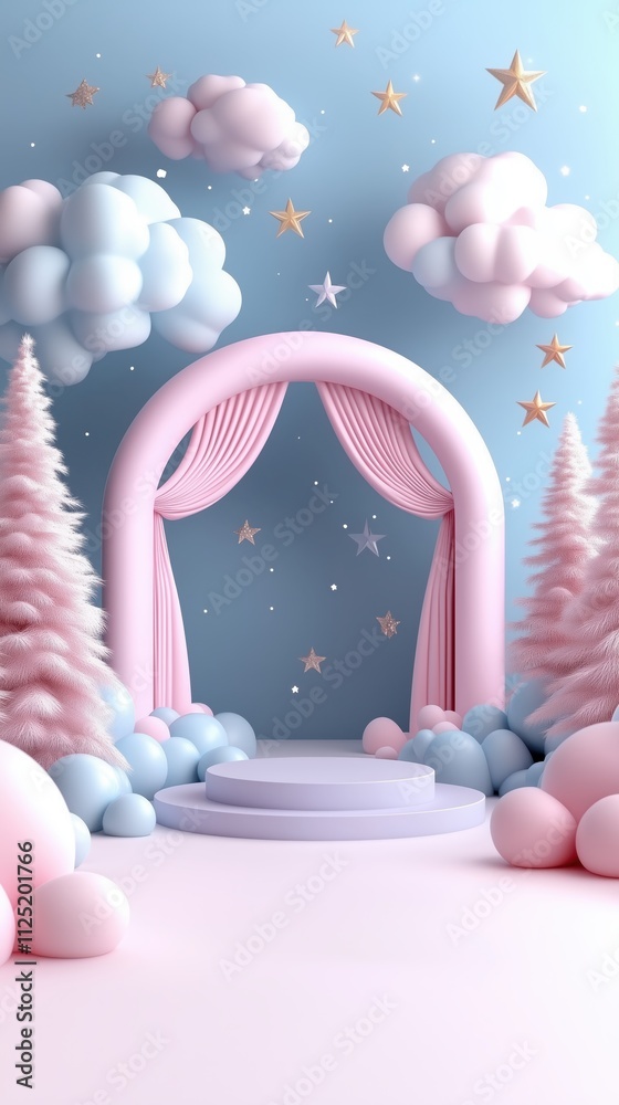 Cute cartoon stage design featuring trees, stars, and clouds in a light ...