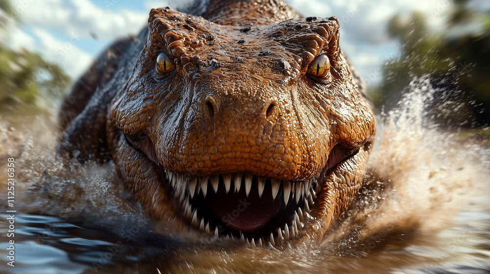 Tiranosaurio Rex atacando en el agua con mandíbula abierta Stock ...